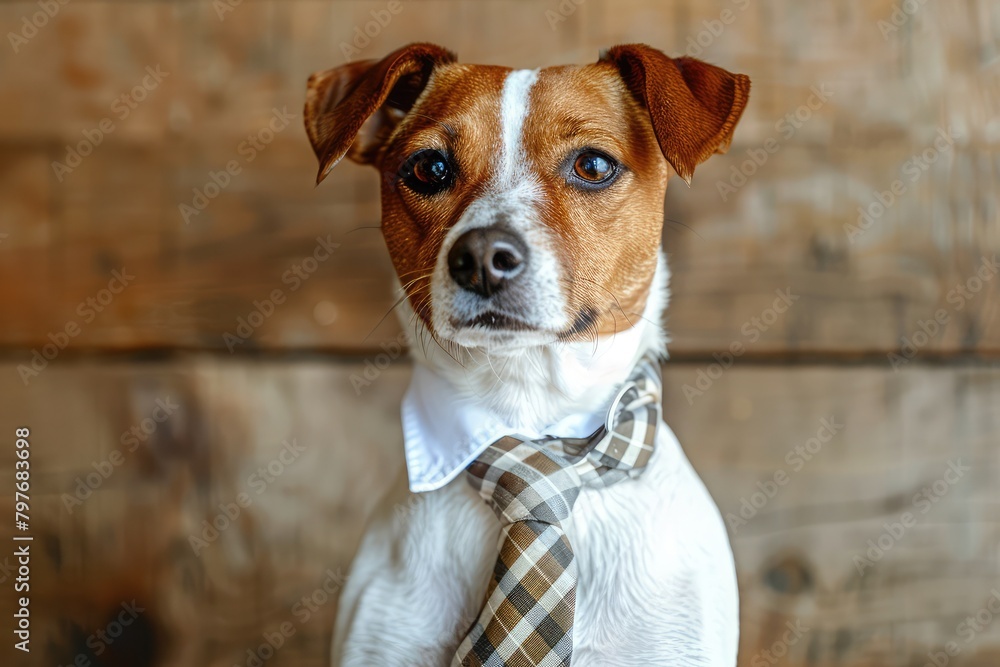 Dog in a tie and a white collar. Education, training of dogs. Boss ...