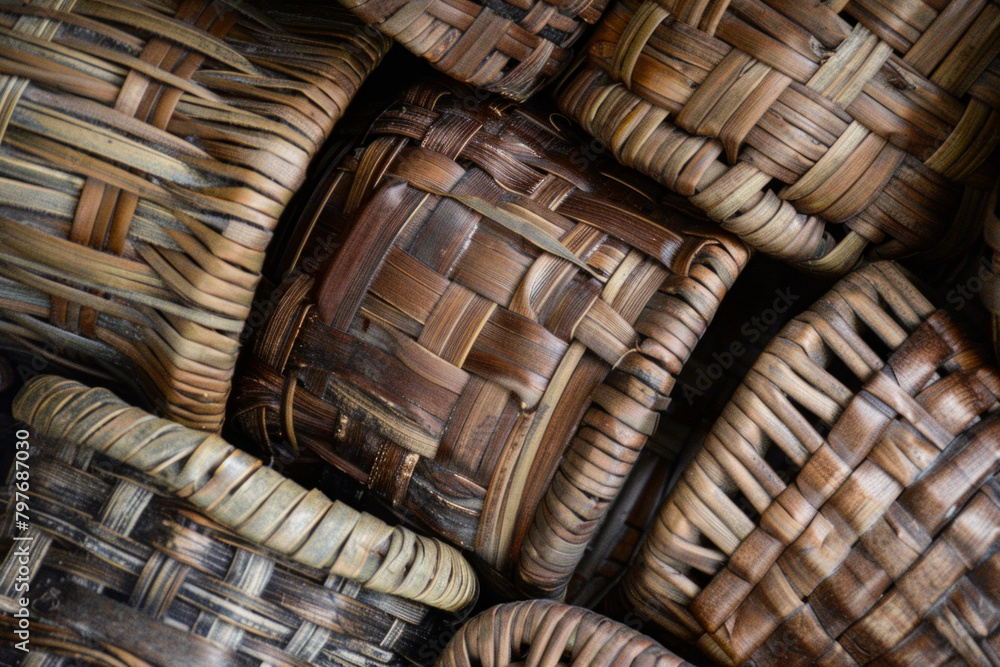 The intricate weave patterns of woven baskets made from materials like rattan, wicker, or ...