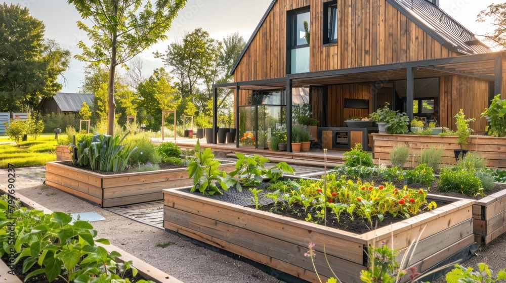 Sustainable living with modern eco-friendly house surrounded by lush ...