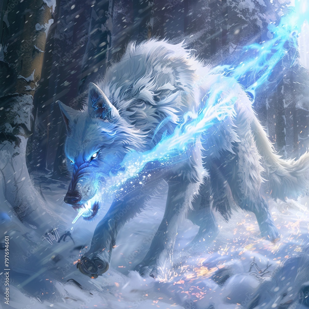 A white wolf fenrir with blue eyes and a blue lightning bolt coming out ...