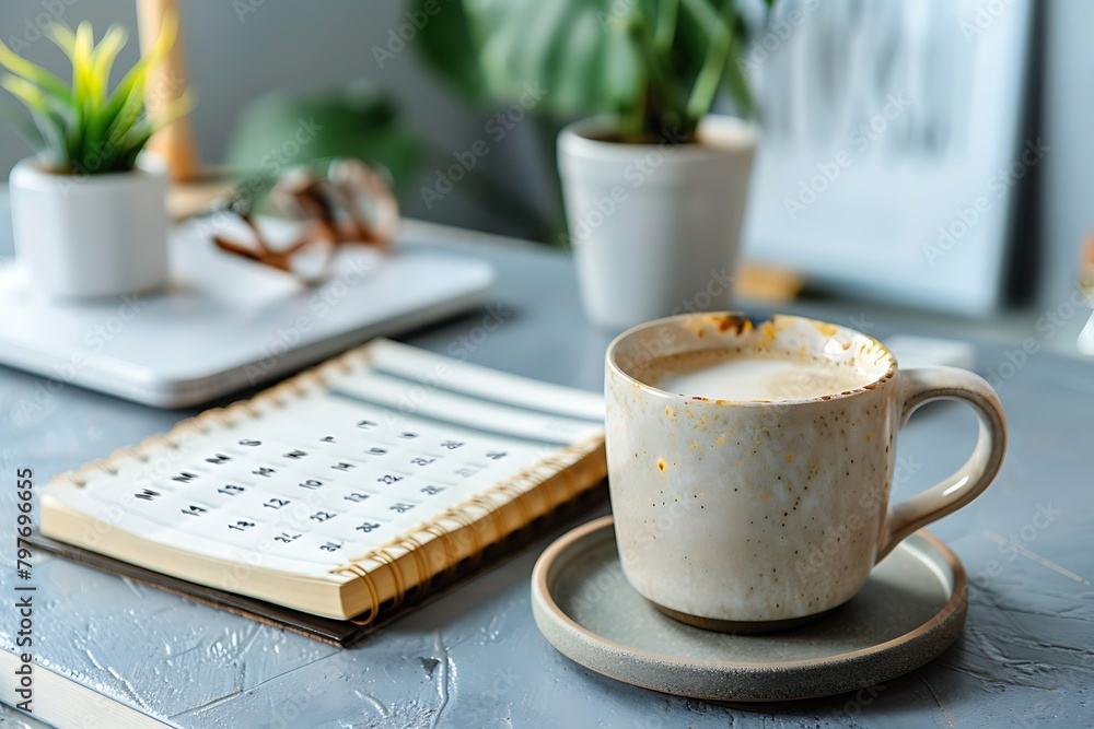 Planner Concept. Desktop Calendar 2024 and cup of coffee place on ...