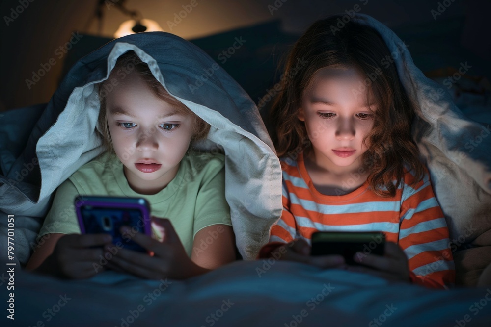 two children, one boy and one girl, are using smartphones while the ...