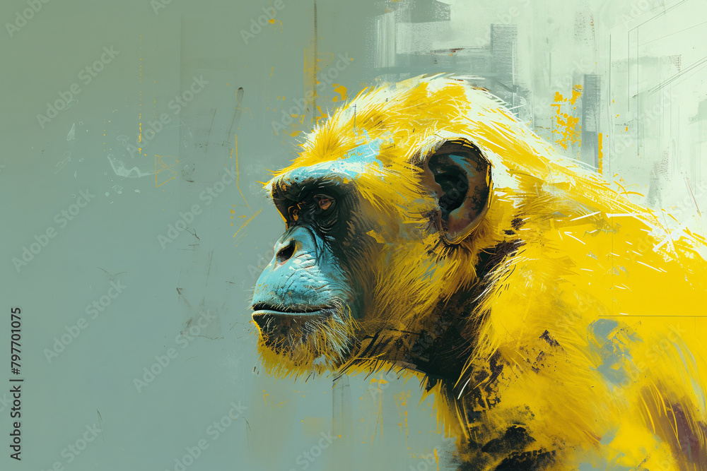 AI generated illustration of a colorful yellow monkey with yellow blue ...