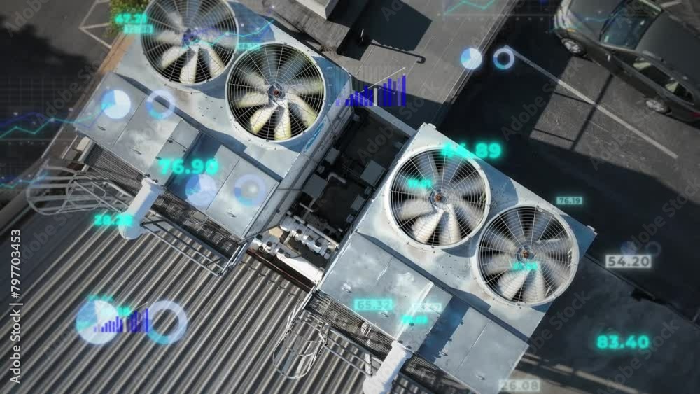 Overhead view of rooftop HVAC units with spinning fans, augmented with ...
