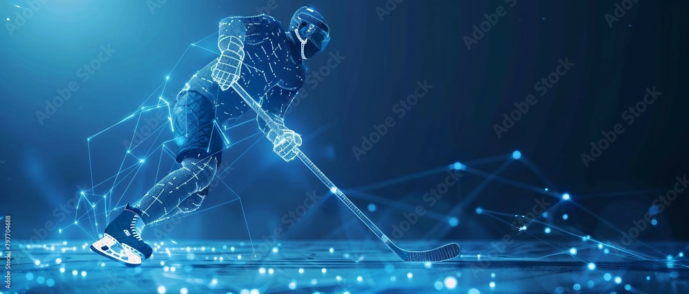 technology in hockey game, digital blue low poly hockey player with ...