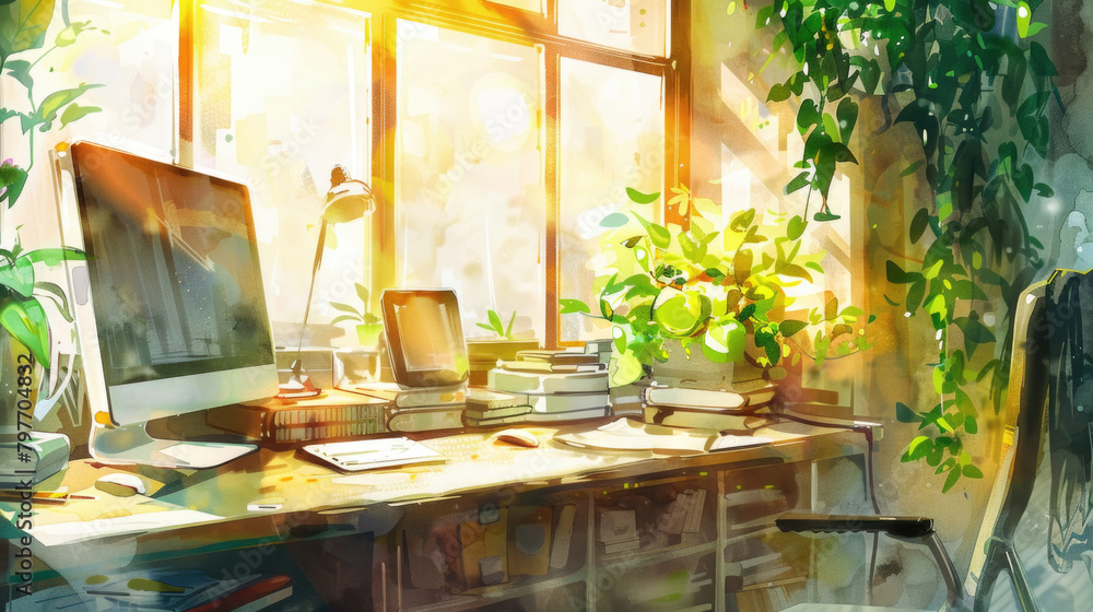 A realistic painting of a standard office desk with a desktop computer ...