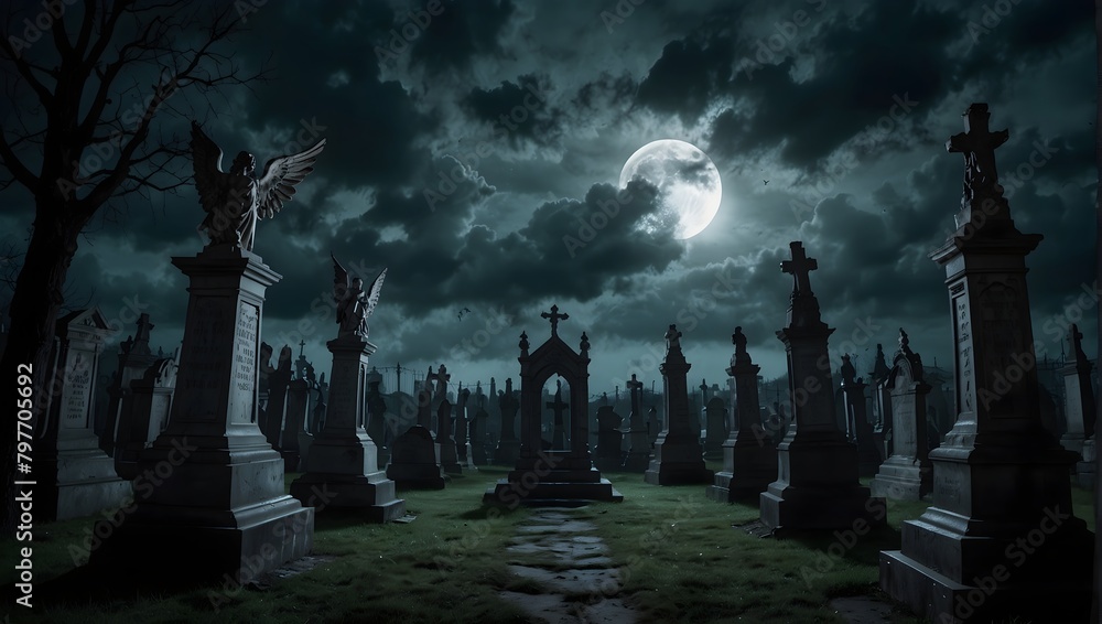A gothic-style graveyard with dramatic angel statues, dark clouds ...