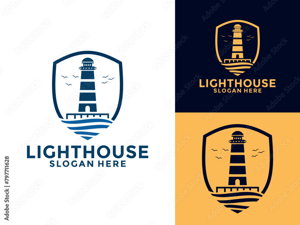 Lighthouse Shield logo. Harbor icon. Light beacon symbol. Maritime ...