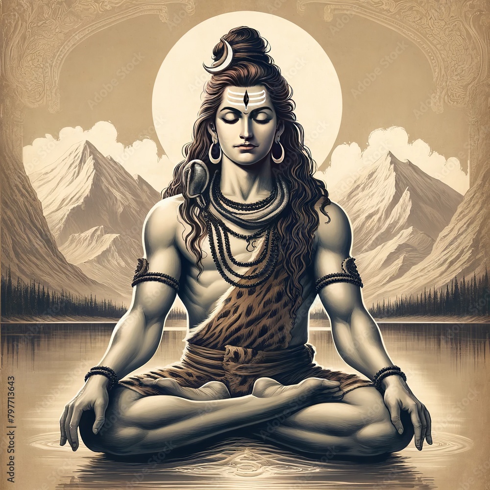 Realistic Illustration of hindu God Mahadev Meditation, Har Har mahadev ...