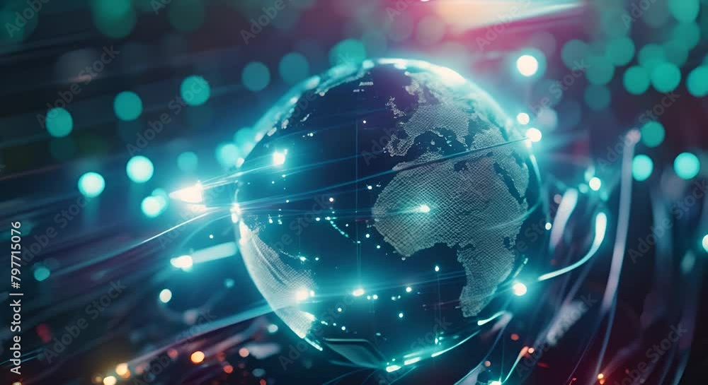 Animated globe wrapped in a mesh of fiber optic cables, pulsing with ...