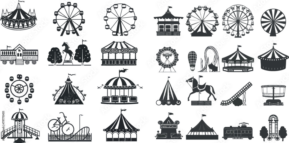 Amusement park black icons. Recreation fun attractions signs, carnival ...