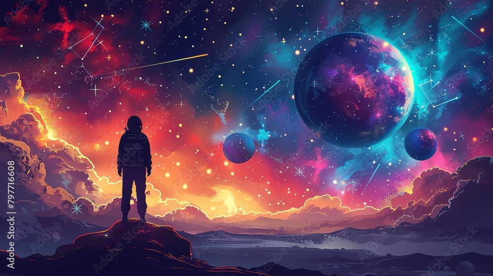 Spacethemed background with planets and shooting stars, cosmic and ...