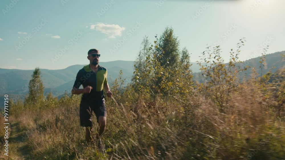 Wild nature recreation mountain scene. Fit Caucasian male man guy ...