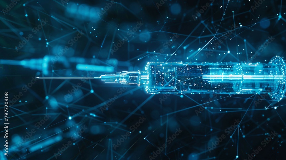 technology in health, digital blue low poly syringe needle with glowing ...