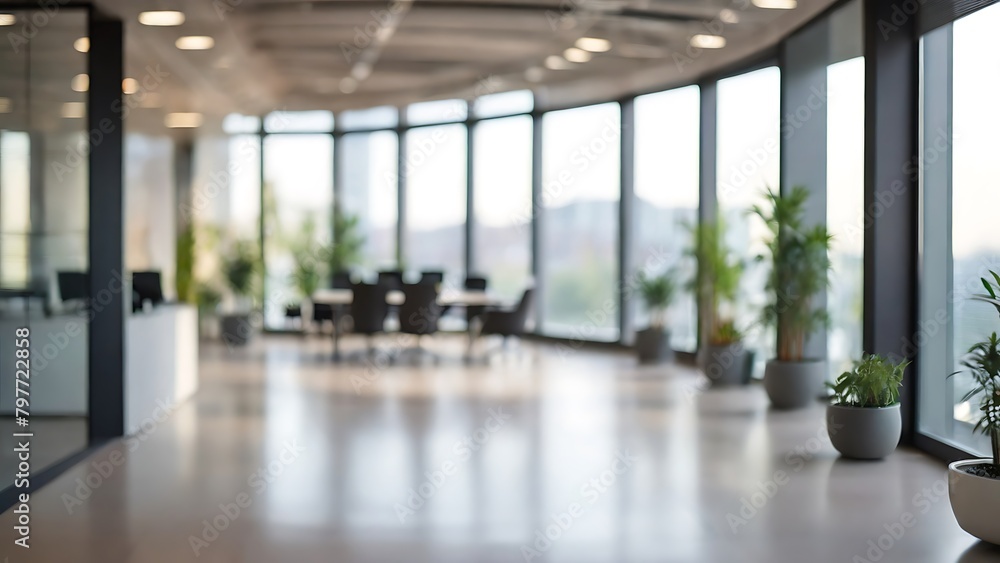 blurred background of a modern office interior with panoramic windows ...