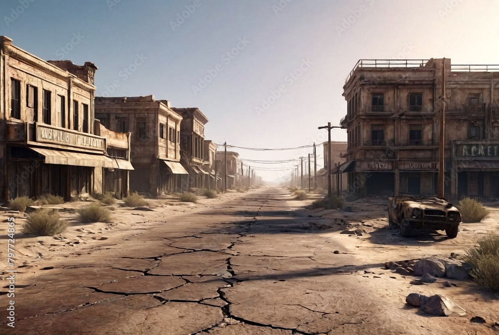 Doomsday. Post apocalyptic urban scenery image of desert city wasteland ...