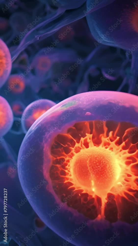 Vertical 3D Animation of Cell division under a microscope. Dividing and ...