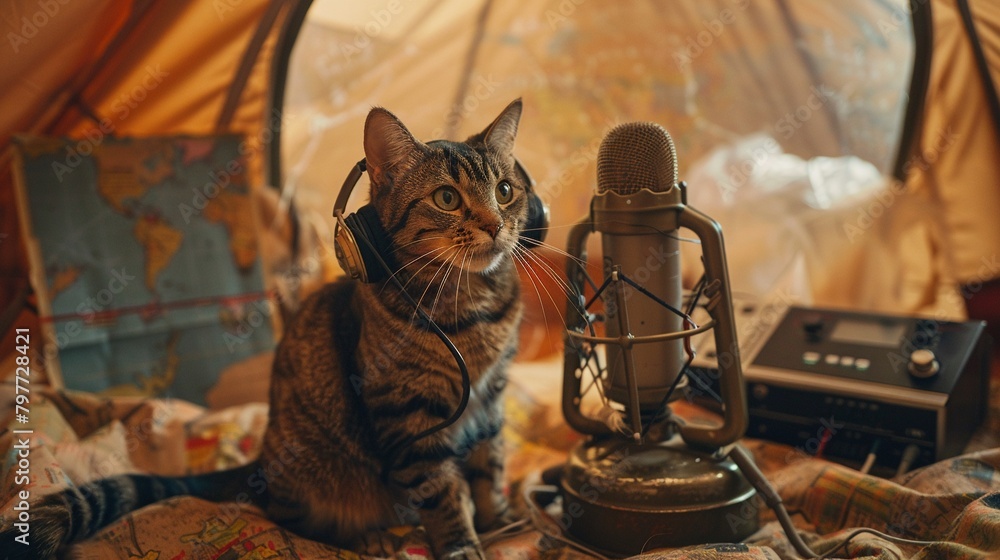 a cat wearing headphones and speaking into a large, vintage microphone ...