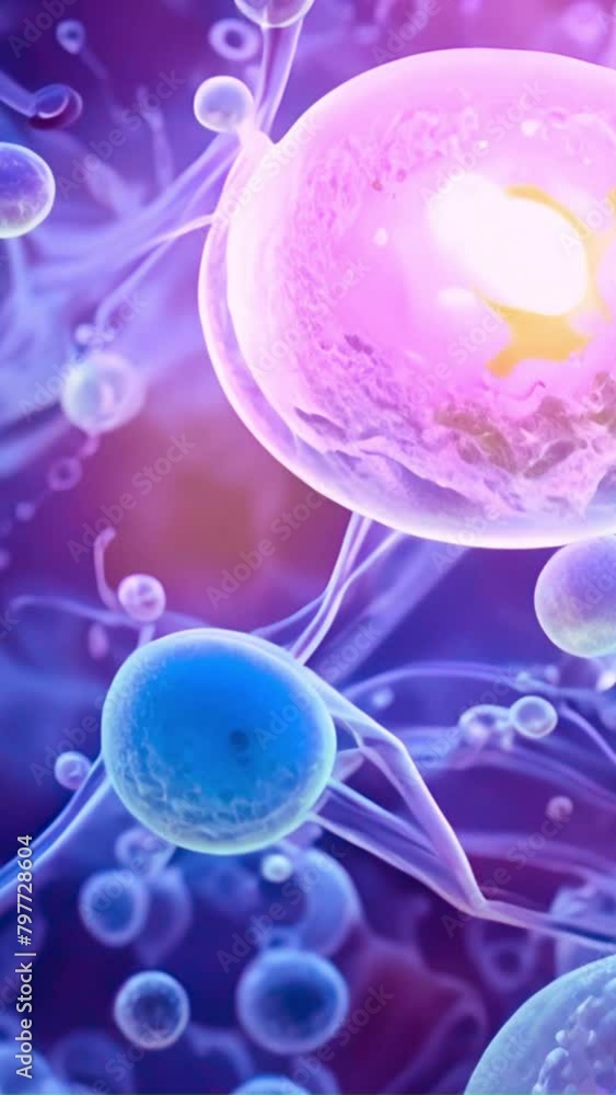 Vertical 3D Animation of Cell division under a microscope. Dividing and ...