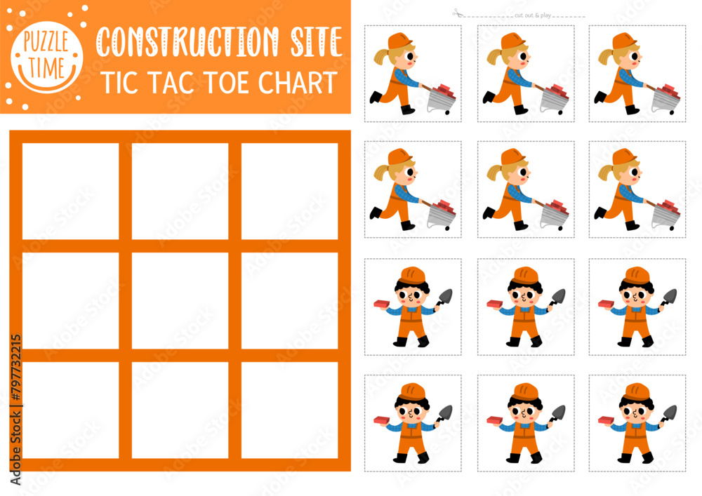Vector construction site tic tac toe chart with boy and girl workers ...