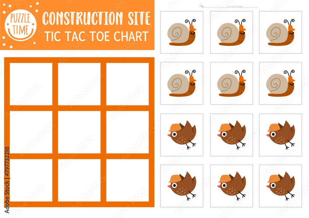 Vector construction site tic tac toe chart with snail and bird workers ...