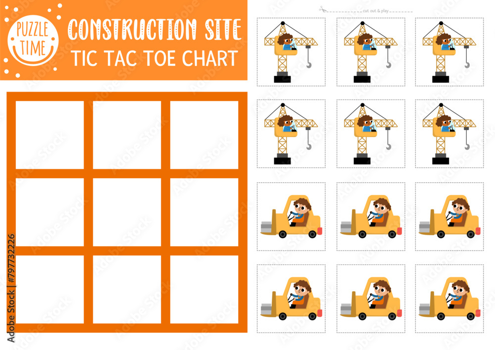 Vector construction site tic tac toe chart with forklift and lifting ...