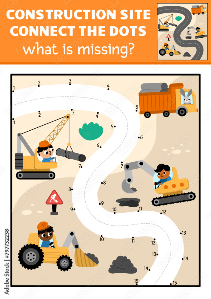 Vector dot-to-dot and color activity colored road repair, construction ...