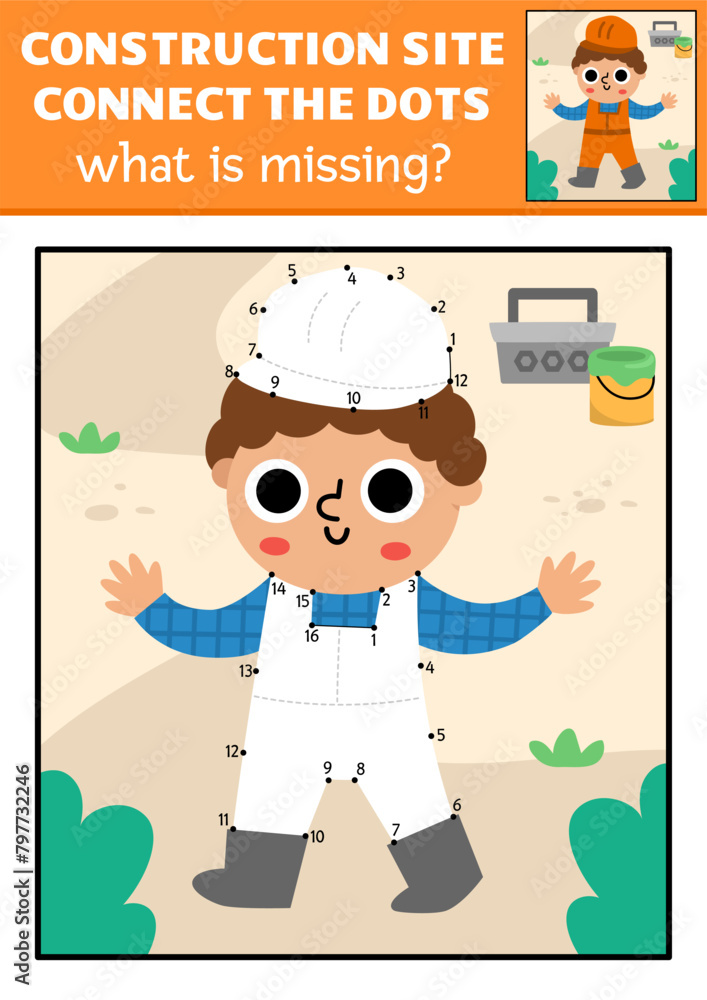 Vector dot-to-dot and color activity with worker uniform, colored ...