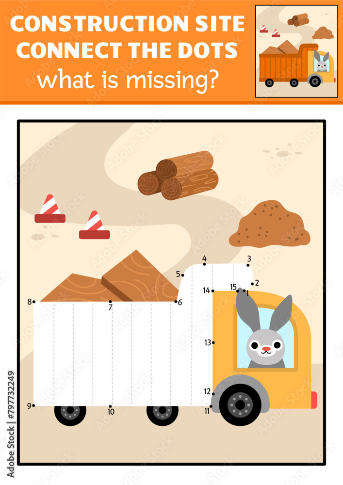 Vector dot-to-dot and color activity with loaded truck, colored ...