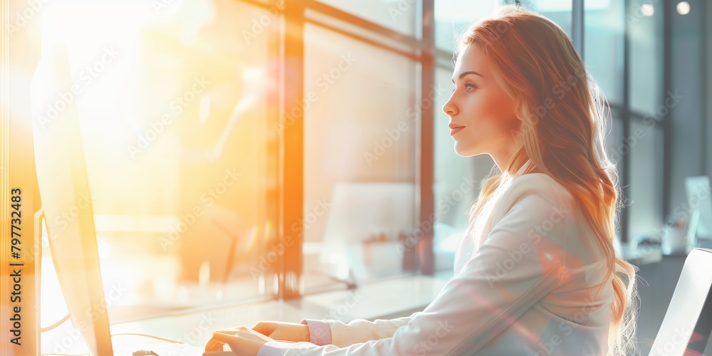 Beautiful young woman in a white suit sitting at a desk with a computer ...