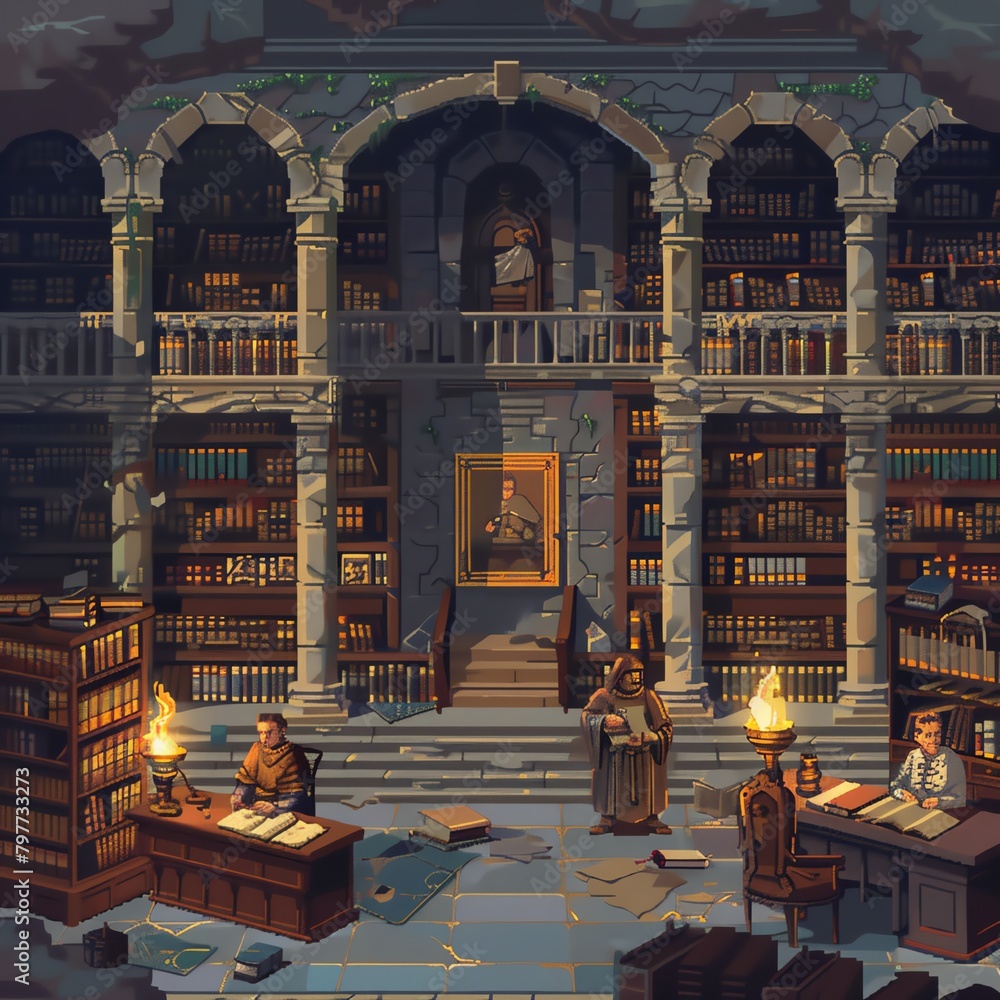 Pixel art ancient library with scholars studying and secret passages ...