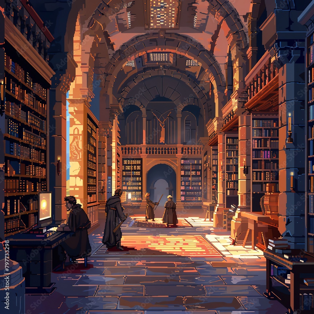 Pixel art ancient library with scholars studying and secret passages ...