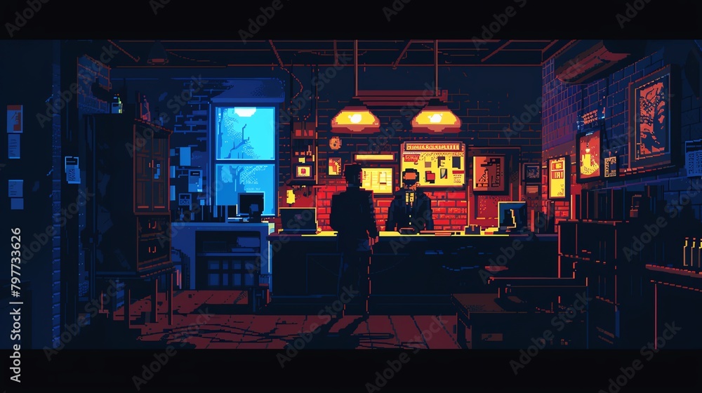 Pixel art detective agency with clues, suspects, and a noir atmosphere ...