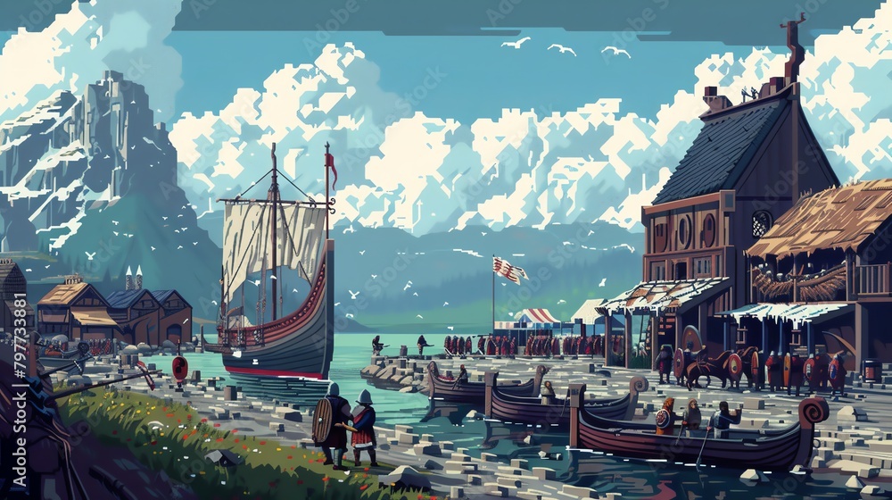Pixel art historic Viking raid on a coastal village with longships and ...
