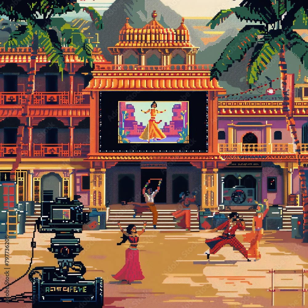 Retro pixel art Bollywood movie set with dancing, colorful sets, and ...