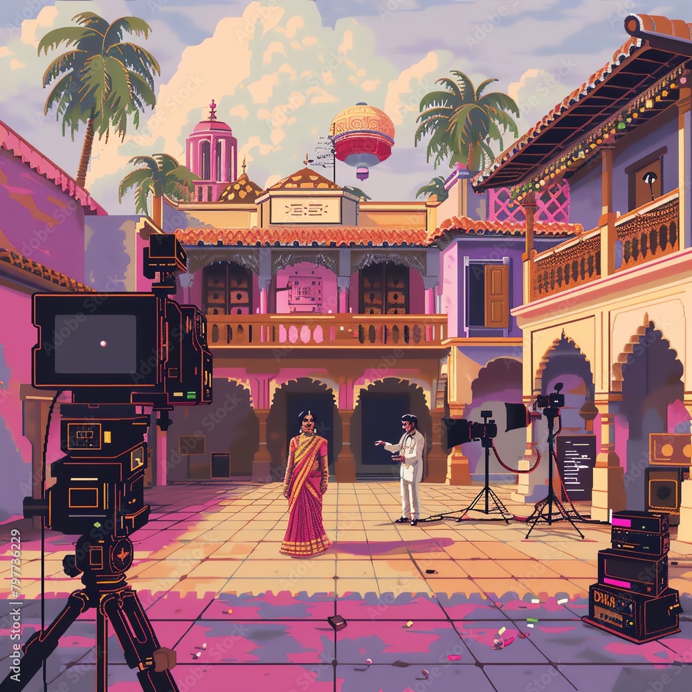 Retro pixel art Bollywood movie set with dancing, colorful sets, and ...