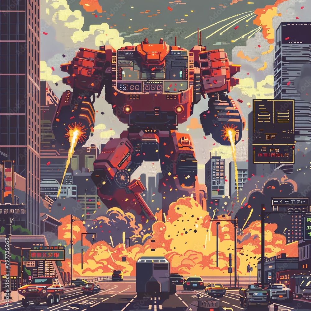 Retro pixel art giant robot showdown in a futuristic city with ...