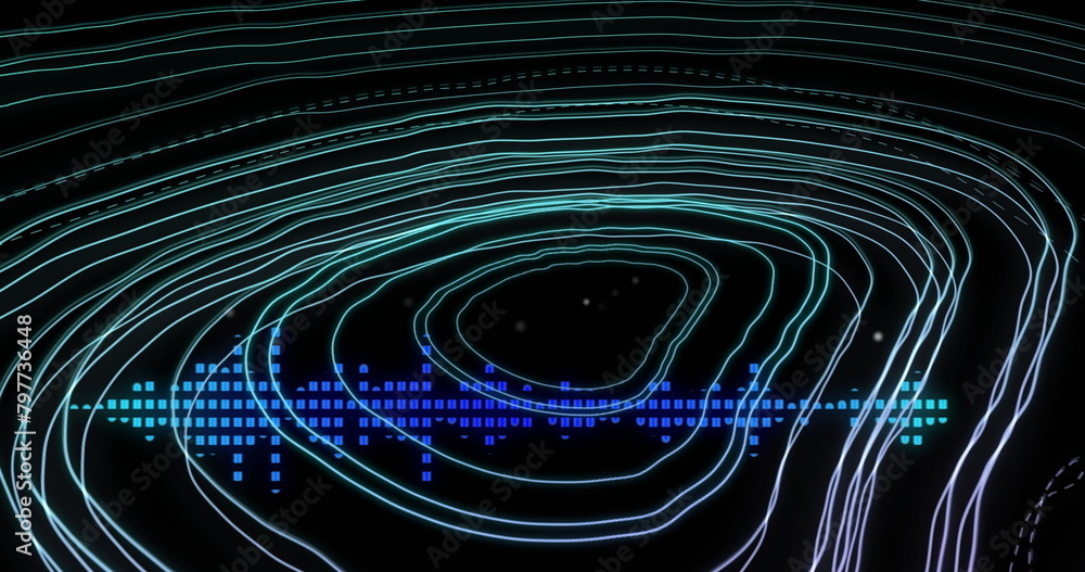 Image of circular pattern and sound wave against black background Stock ...