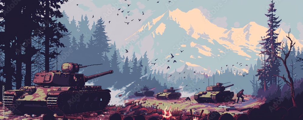 Retro pixel art World War II battle scene with soldiers and tanks Stock ...