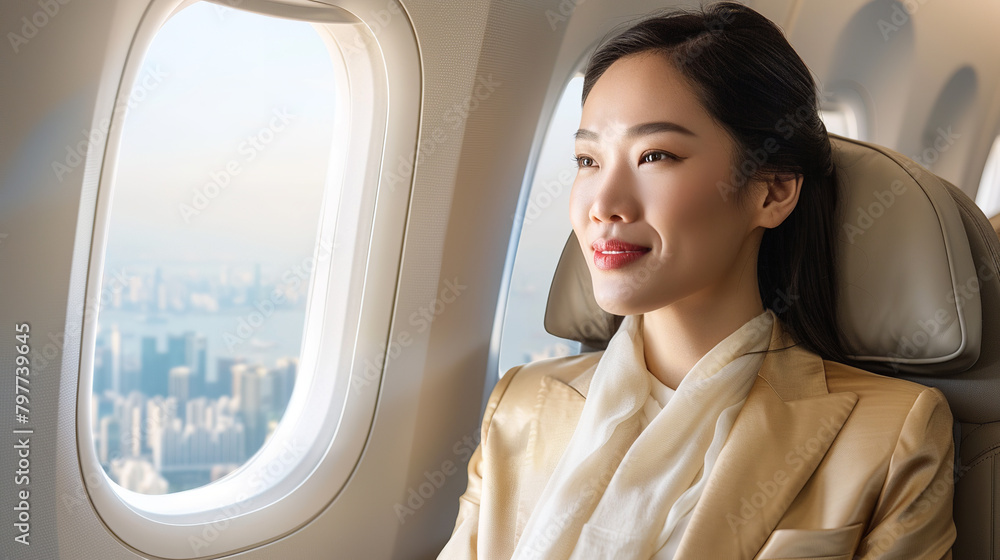 An Asian woman in her thirties sitting in the first class seat of an ...