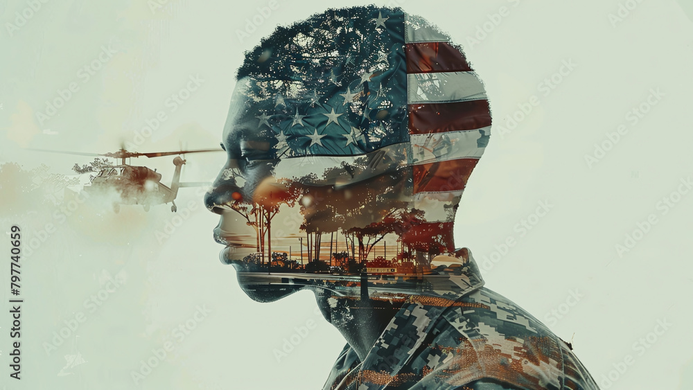 Pride and Service: Double Exposure Portrait of American Soldier with ...