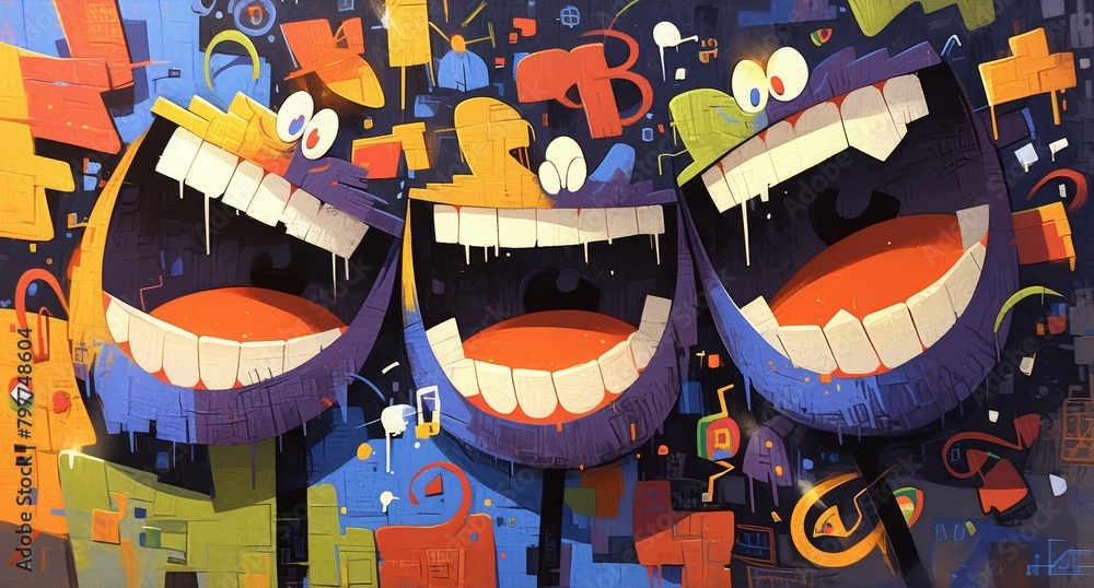 abstract graffiti art of cartoon faces with wide open mouths and eyes ...