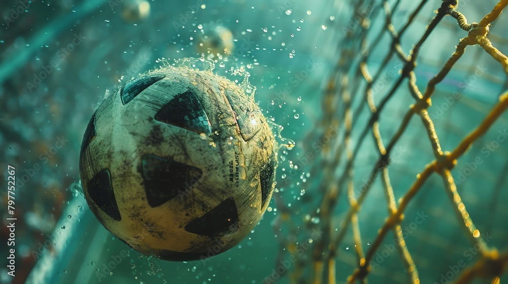 Cinematic angle of a soccer ball flying towards the goal post during a ...