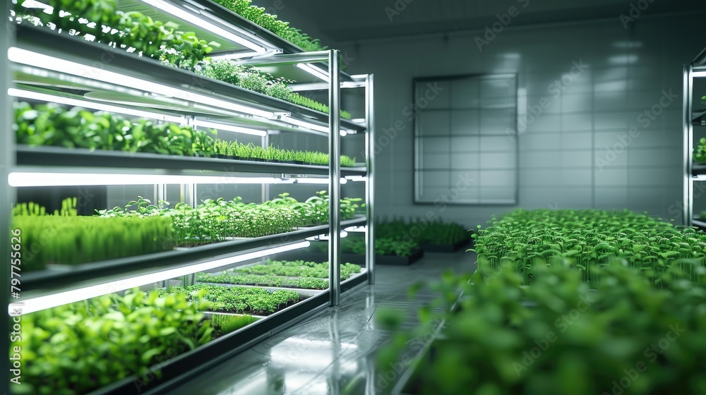 Wheat Microgreens grow on green farm on Shelves with special lighting ...
