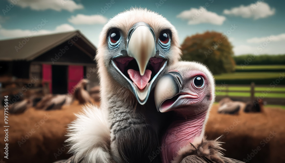 AI generated illustration of two funny vultures with blue eyes on a ...