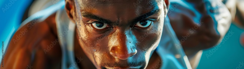 Closeup of a runners strained expression and focused eyes, their body ...