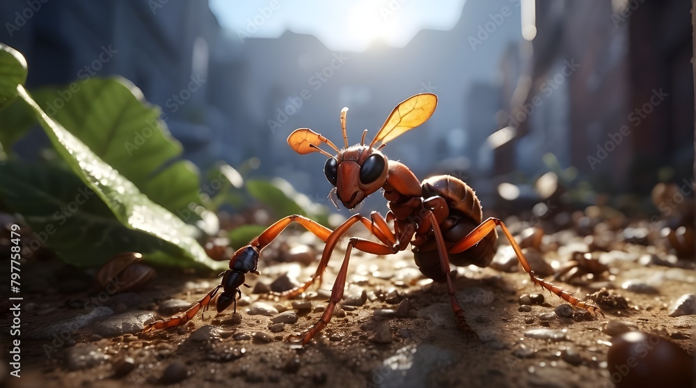 Detailed "Ant's Labor": Show the industrious ant painstakingly building ...