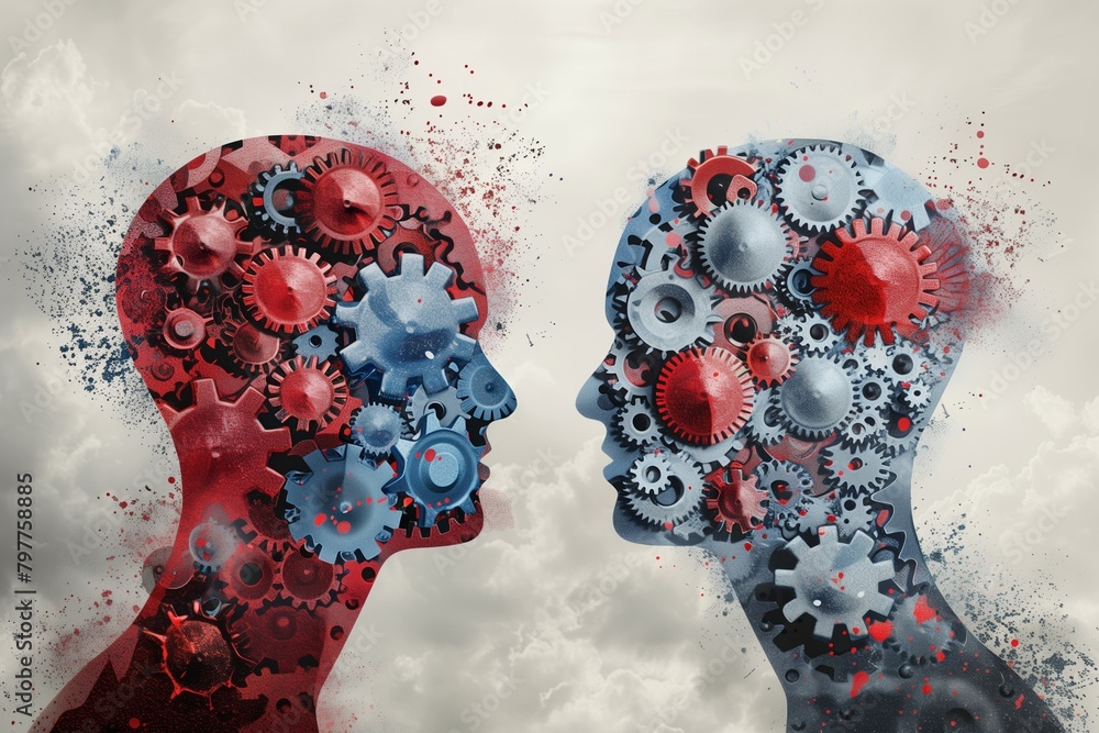 A conceptual illustration of two heads made from gears and cogs. This ...