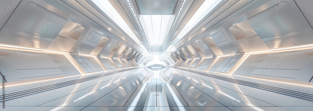 Space station, spacecraft scifi style corridor or hallway, leading to a ...