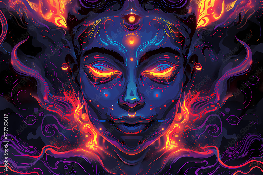 Indian Goddess Kali Maa on dark blue background. Goddess Durga Face ...